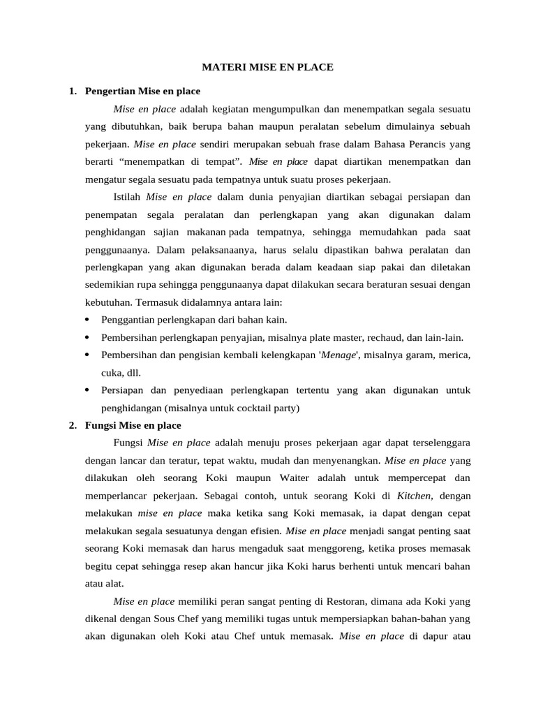 Materi Mise en Place Mata Pelajaran F&B Servive Kelas XI | PDF