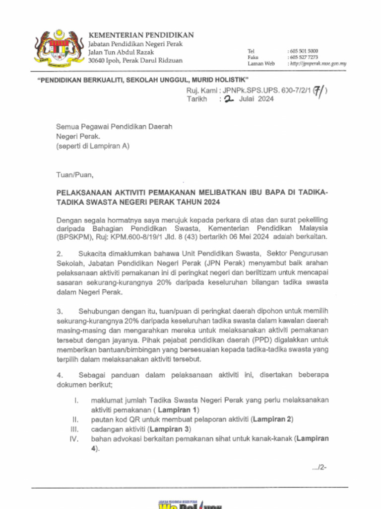 Surat Arahan Pelaksanaan Aktiviti Pemakanan Tadika Swasta 2024 | PDF