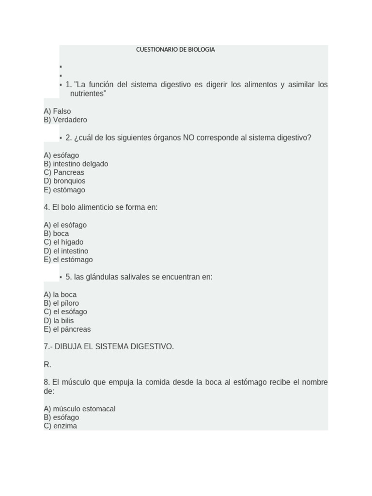 Cuestionario de Biologia | PDF | Sistema digestivo humano | Estômago