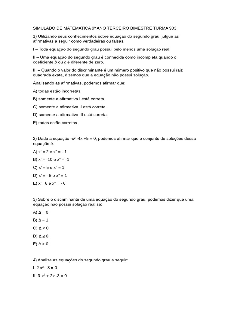 Simulado Prova Nono Ano Terceiro Bimestre 2024 | PDF