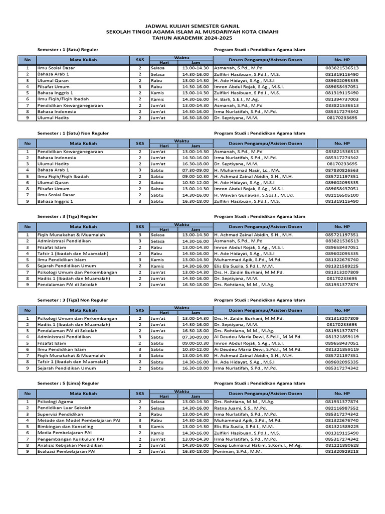 Jadwal Kuliah Ganjil Pai 2024-2025 | PDF