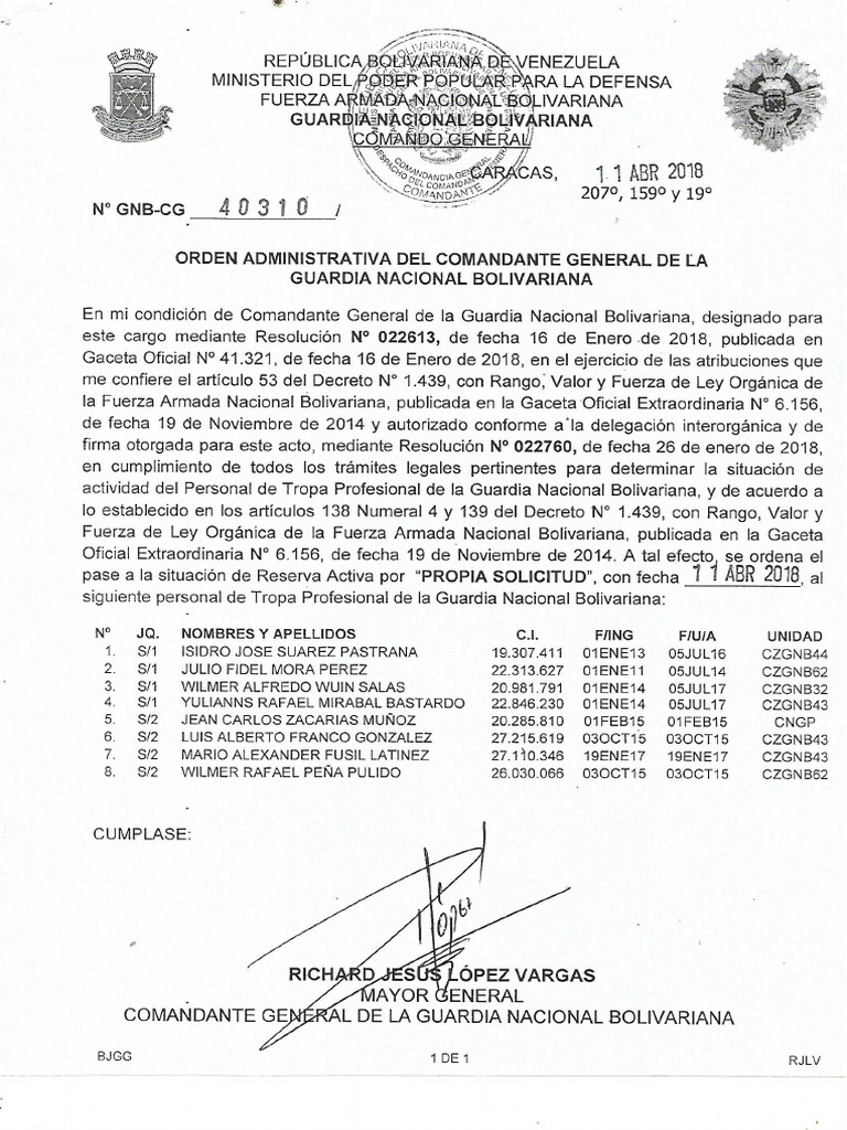 Orden de Baja Propia Solicitud N-GNB-CG 40310 11-04-18 | PDF
