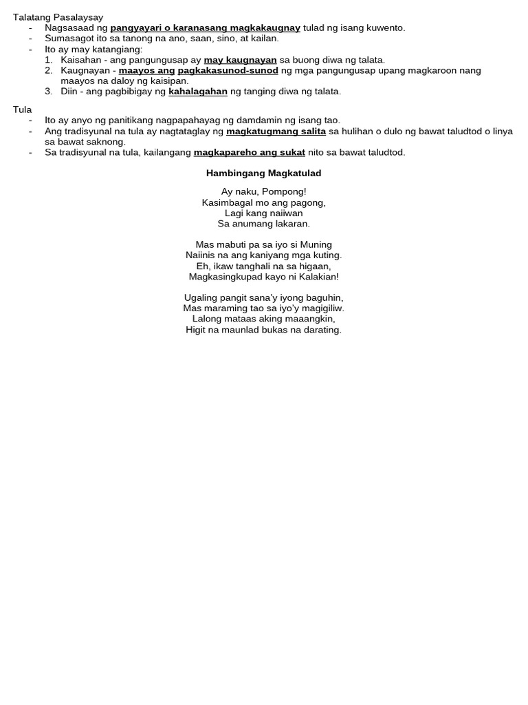 Talatang Pasalaysay at Tula | PDF | Language Arts & Discipline | Poetry