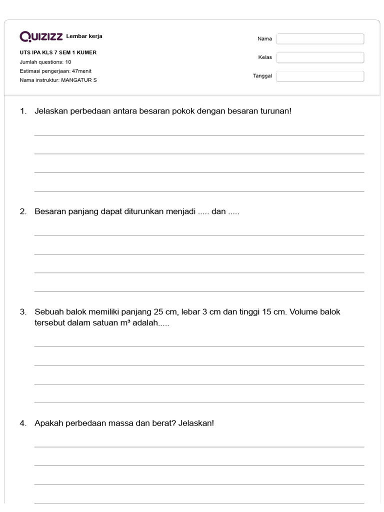 UTS IPA KLS 7 SEM 1 KUMER - Quizizz | PDF