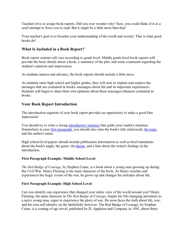 What Is Included in A Book Report?: First Paragraph Example: Middle ...