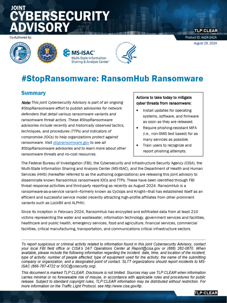 Aa24 242a Stopransomware Ransomhub Ransomware - 1 | PDF