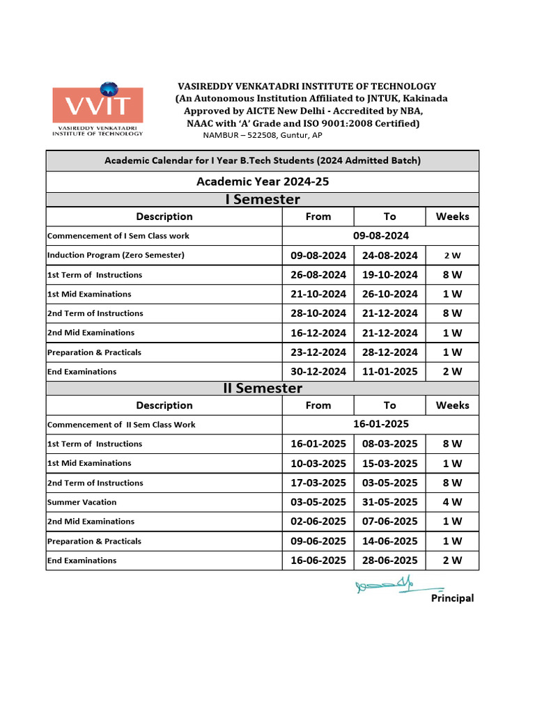 2024-25 - VVIT-I B.tech Academic Calender | PDF