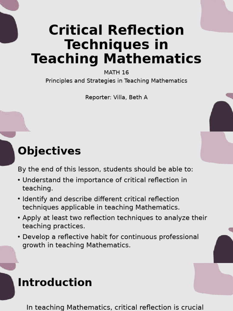 Critical Reflection Techniques in Teaching Mathematics | PDF