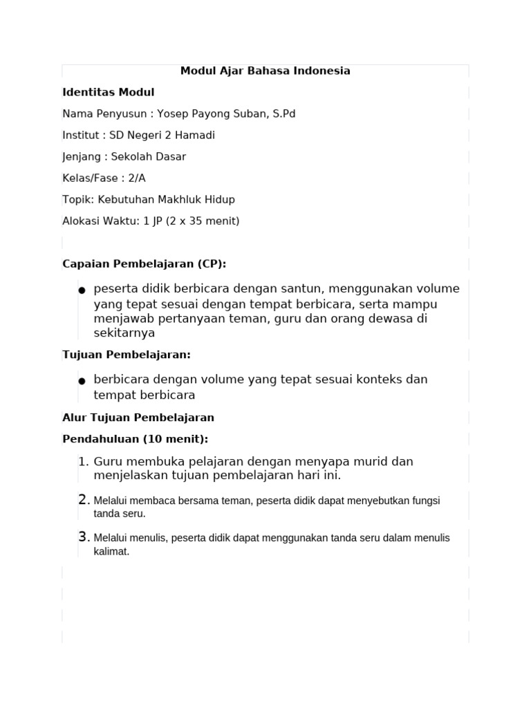 Modul Ajar Bahasa Indonesia Kelas 2 Yosep | PDF