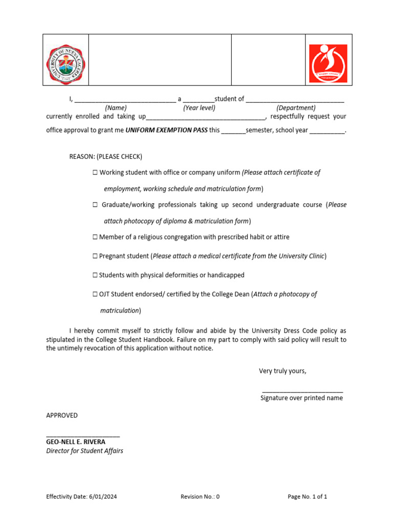Application For Uniform Exemption Pass | PDF