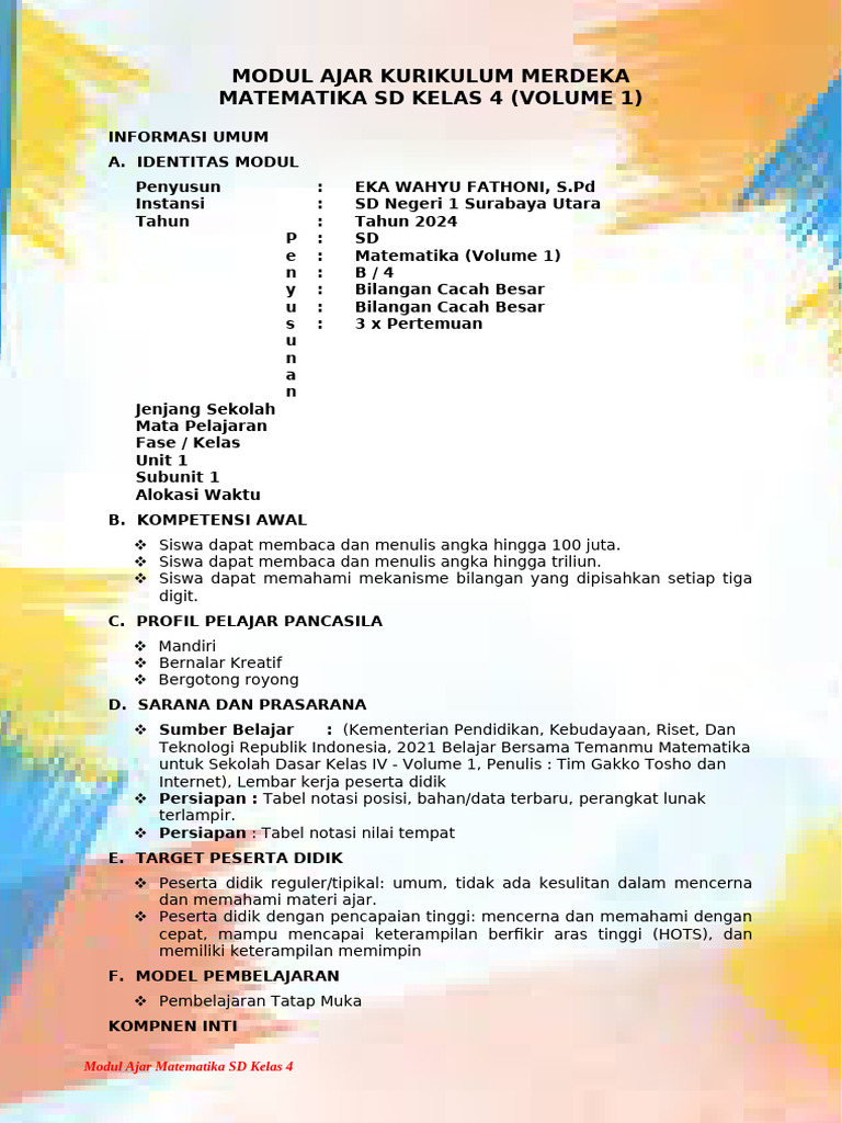 Modul Ajar MTK Unit 1 | PDF