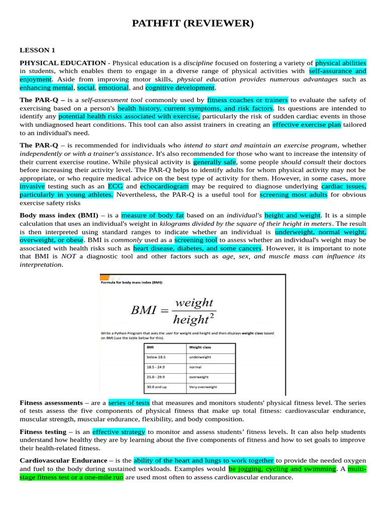 PATHFIT Lesson 1-4 Reviewer | PDF