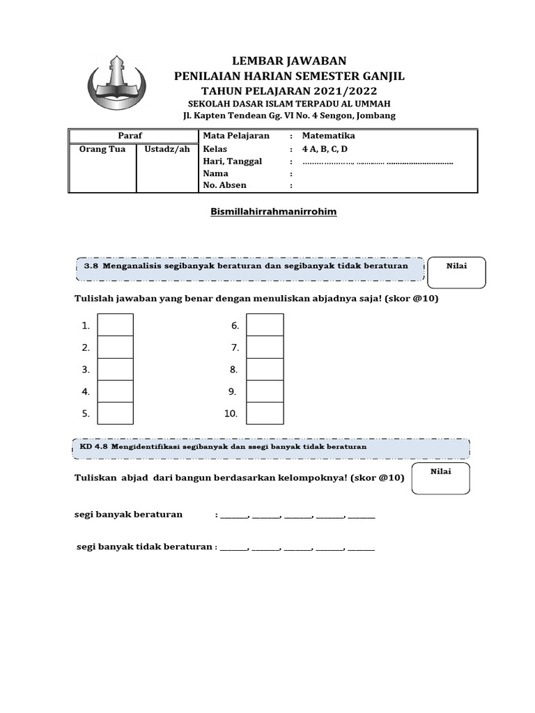 Lembar Jawaban PH Mat | PDF