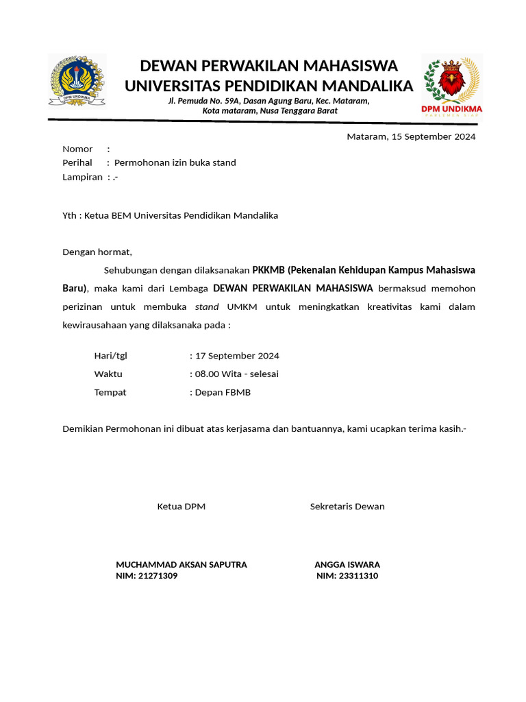 Surat Permohonan DPM Undikma | PDF