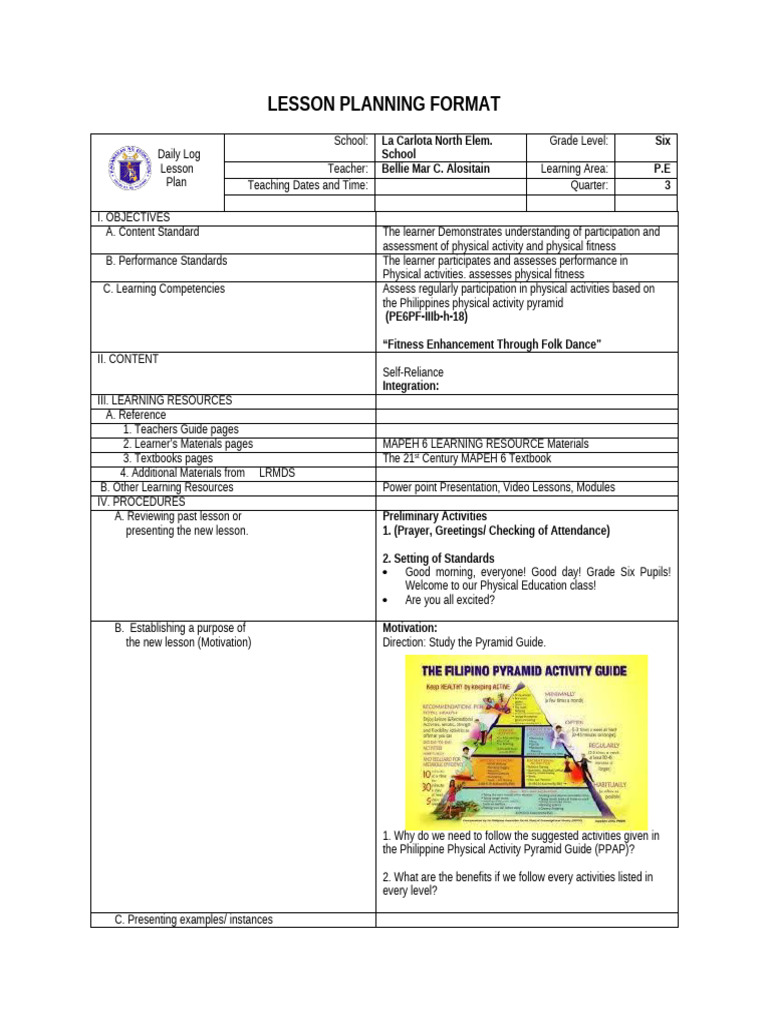 LESSON PLANNING FORMAT Sample | PDF | Physical Fitness | Flexibility ...