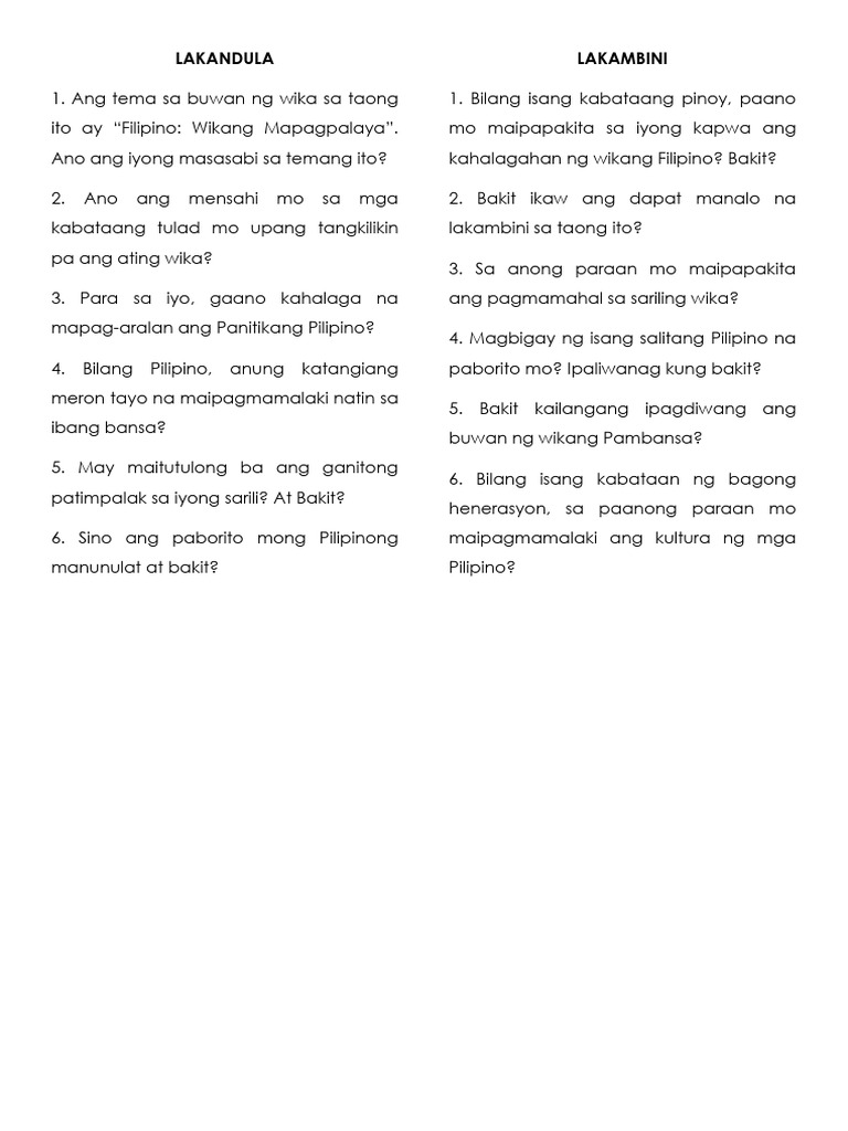 Lakandula at Lakambini 2024 - MGA TANONG | PDF