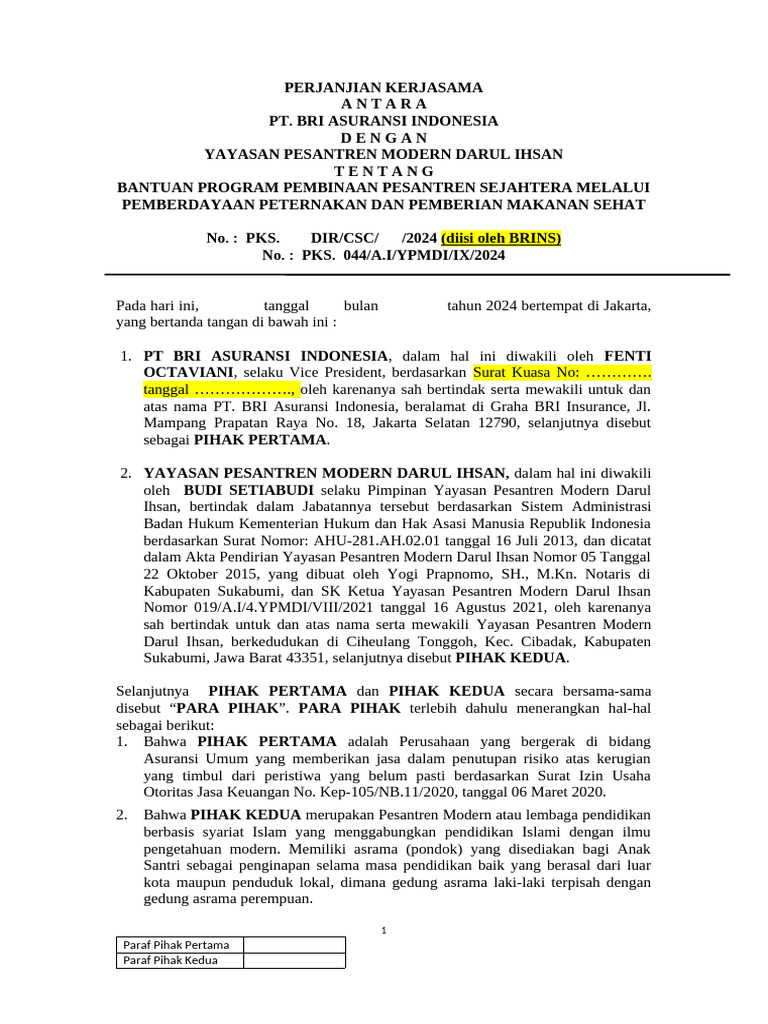 Draft - PKS BRINS X Pondok Pesantren Darul Ihsan Di Sukabumi | PDF