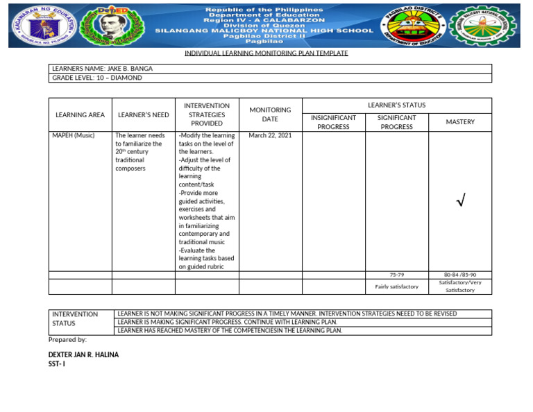 Individual Learning Monitoring Plan Dex | PDF
