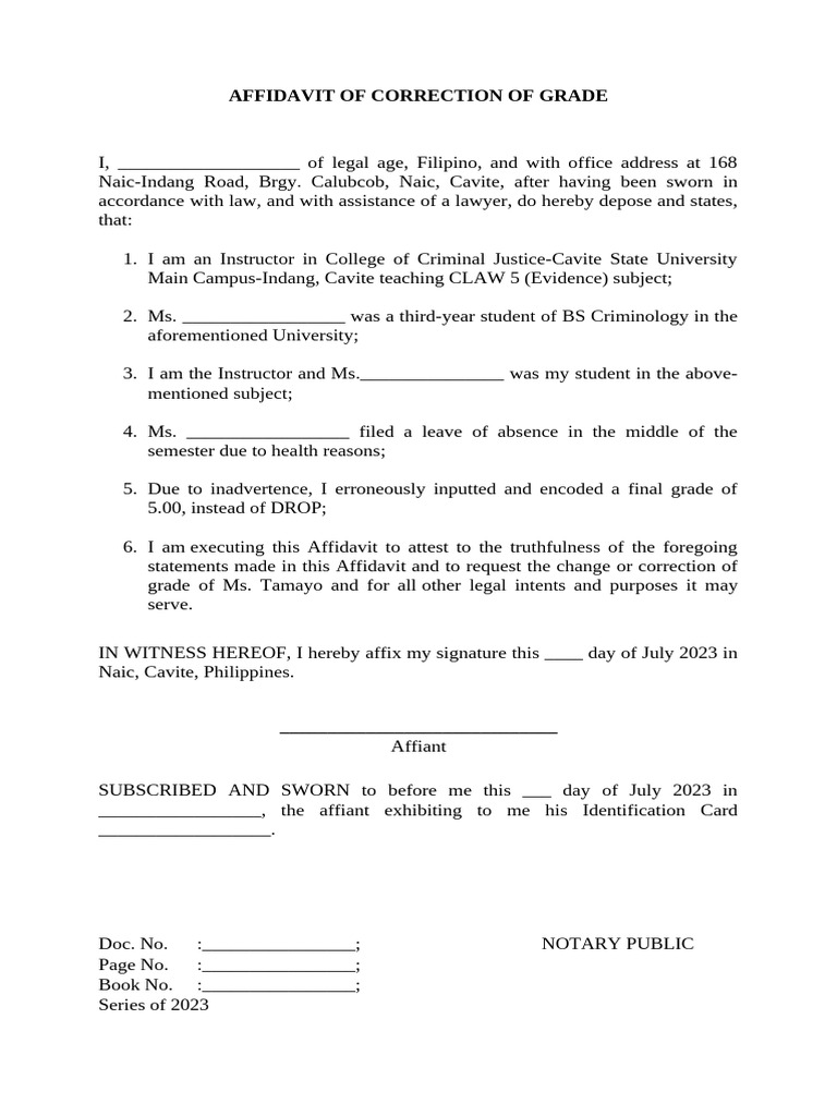Affidavit of Correction of Grade | PDF | Law