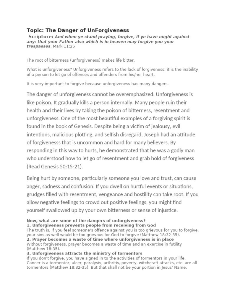 The Dangers of Unforgiveness | PDF