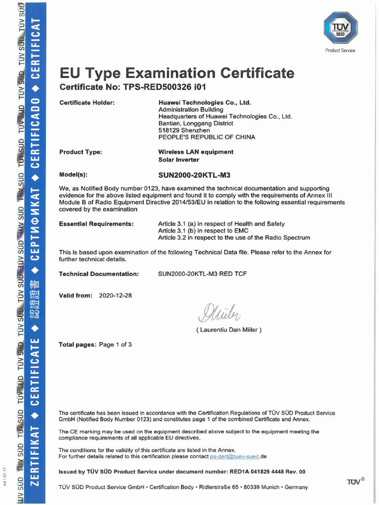 Sun2000-20ktl-M3 Ce Red Cert Tuv Sud | PDF