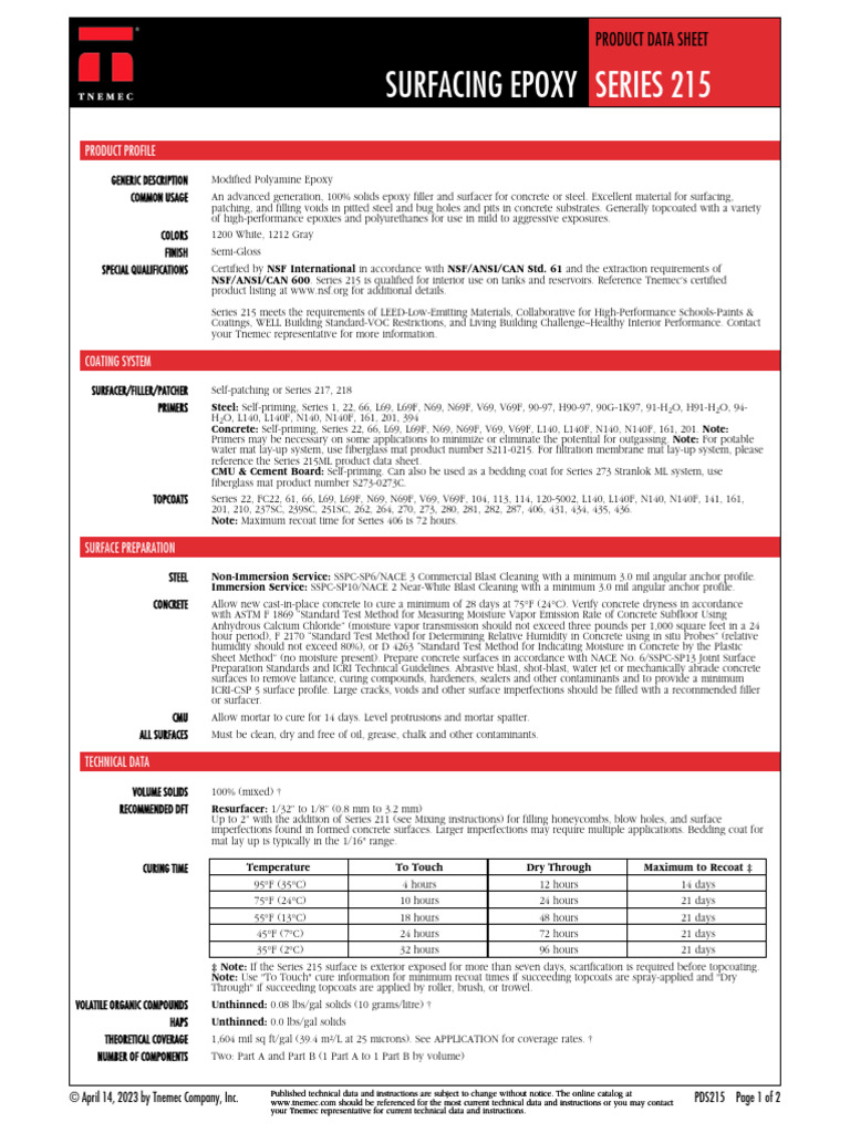 Surfacing Epoxy Series 215: Product Profile | PDF
