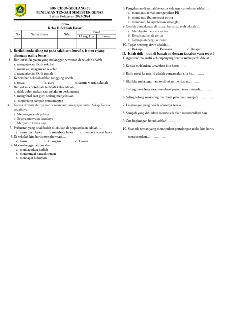 SOAL PTS PPKN GENAP KELAS 2 | PDF