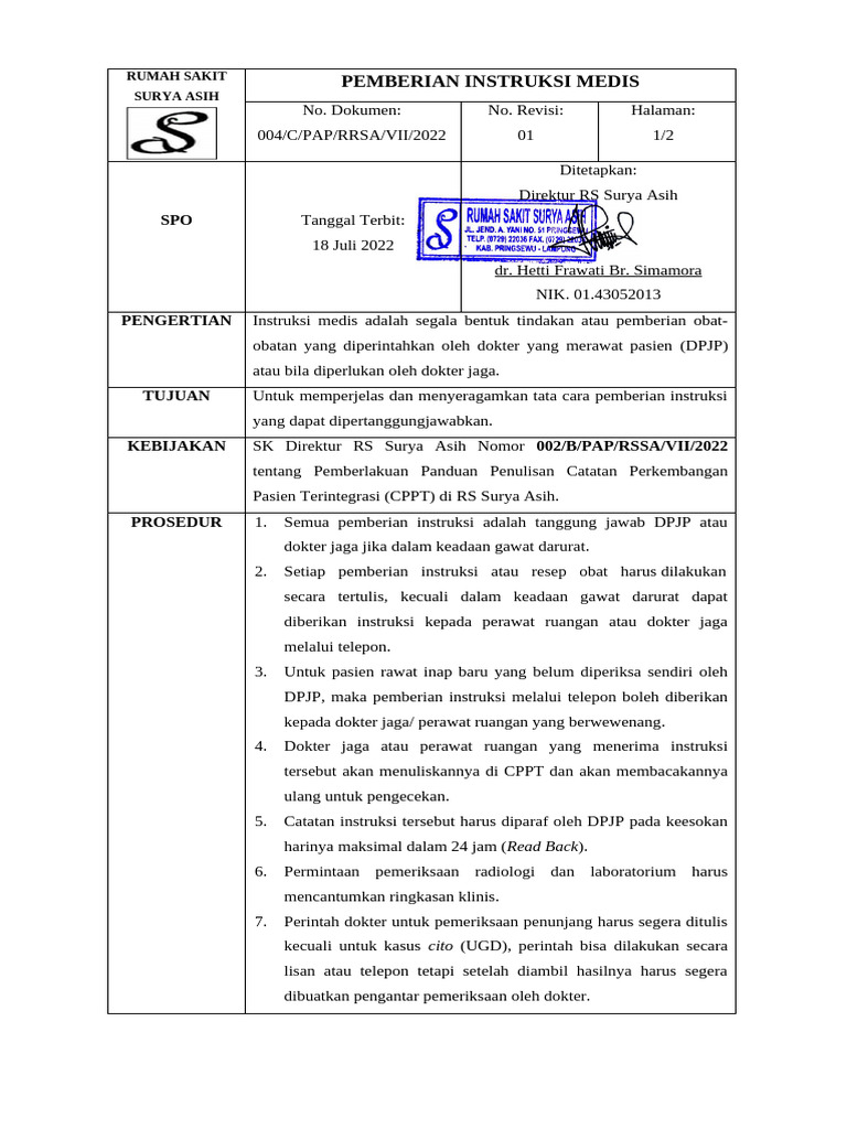 2.2 Spo Pemberian Instruksi Medis Rssa | PDF