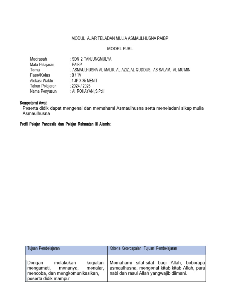 Modul Ajar Asmaulhusna Paibp Model PJBL | PDF