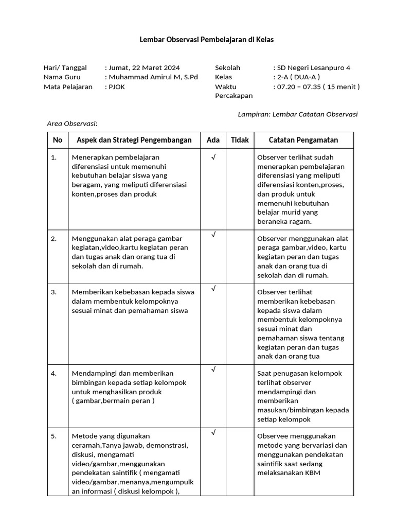 2 - Lembar Observasi Pembelajaran Di Kelas | PDF