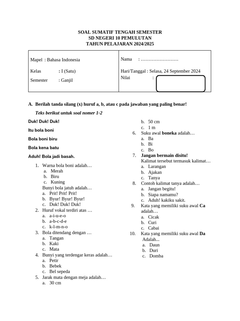 Soal STS BINDO KELAS 1 | PDF