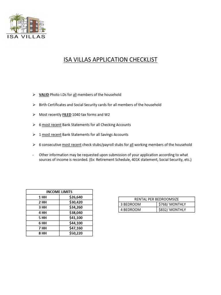 Isa Villas Checklist & Application | PDF