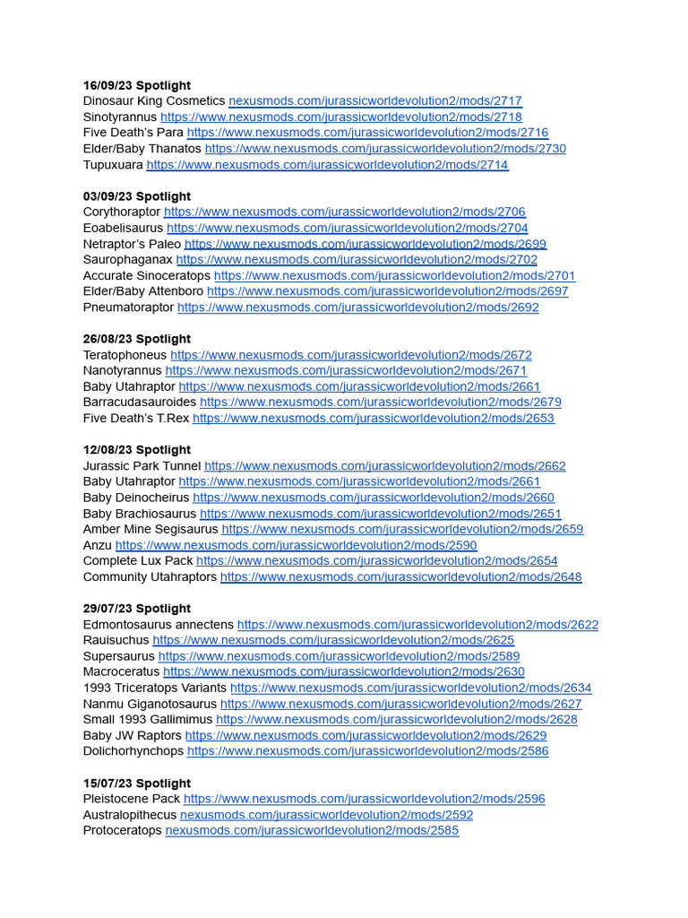 JWE2 Mod Spotlight Updates | PDF | Paleontology | Cretaceous Archosaurs