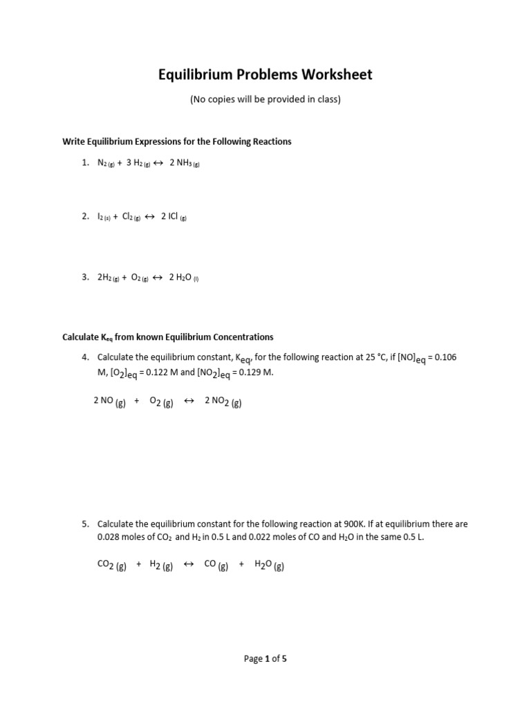 Equilibrium Problems Worksheet | PDF
