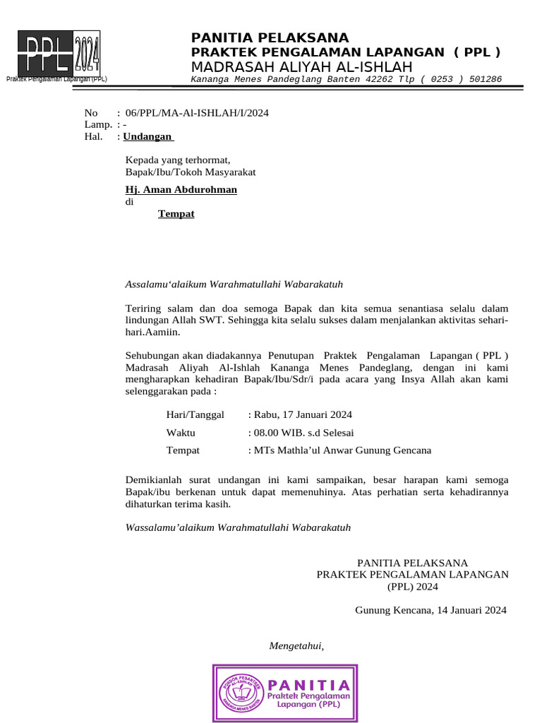 Surat Penutupan PPL 2024 | PDF