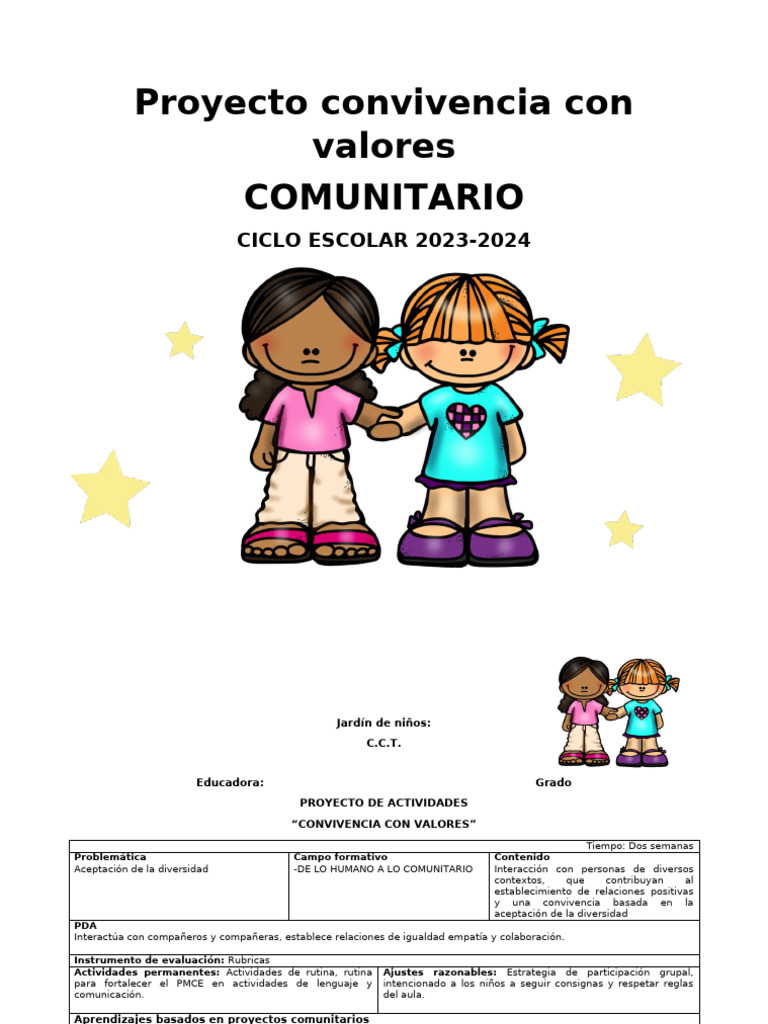 Proyecto Convivencia en Valores de Lo Humano A Lo Comunitario 11 | PDF | Salón de clases ...