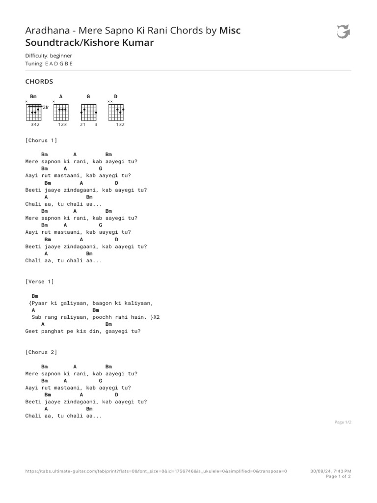 Aradhana - Mere Sapno Ki Rani Chords by Misc Soundtracktabs at Ultimate Guitar Ar | PDF