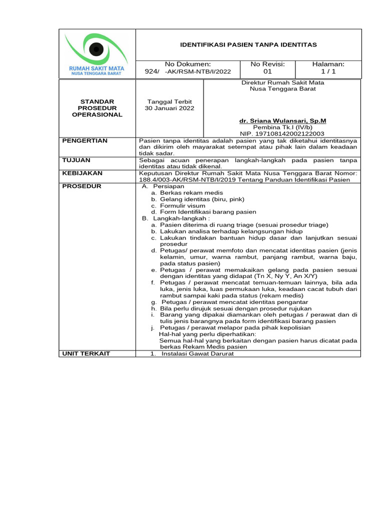 SPO IDENTIFIKASI PASIEN Tanpa Identitas | PDF