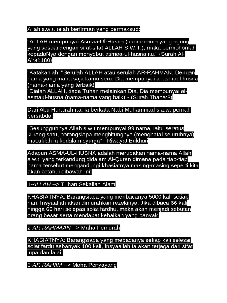 Asmaul Husna Dan Khasiatnya 99 Nama Allah | PDF