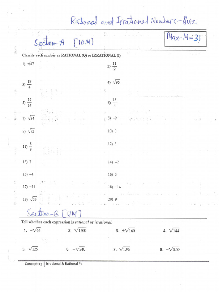 Rational and Irrational Numbers-Quiz | PDF