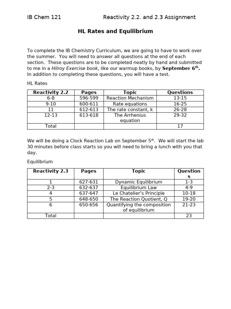 Reactivity 2.2 and 2.3 HL Rates and Equilibrium Assignment | PDF