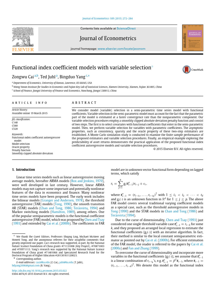Functional Index Coefficient Models With Variable Selection Pdf Estimator Computers