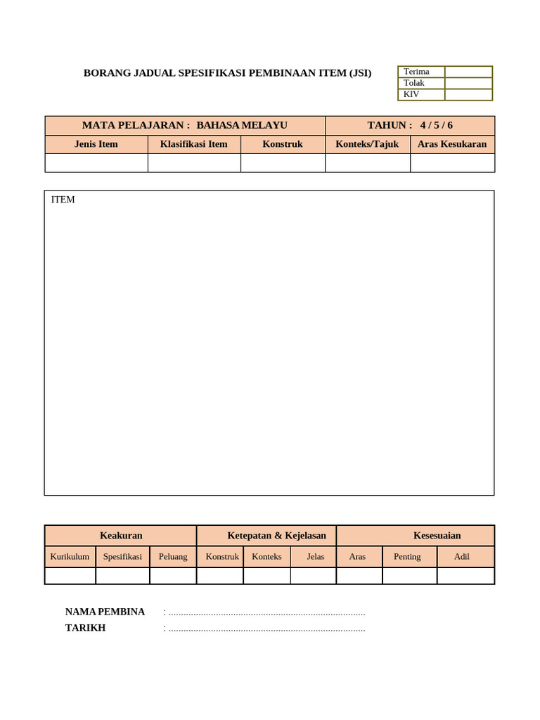 Borang Jadual Spesifikasi Item - Jsi | PDF