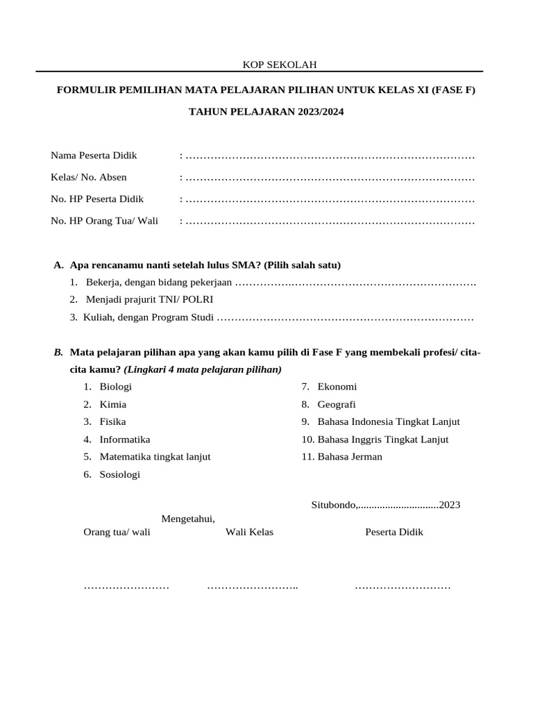 Contoh FORMULIR PEMILIHAN MAPEL PILIHAN DAN PRODI | PDF