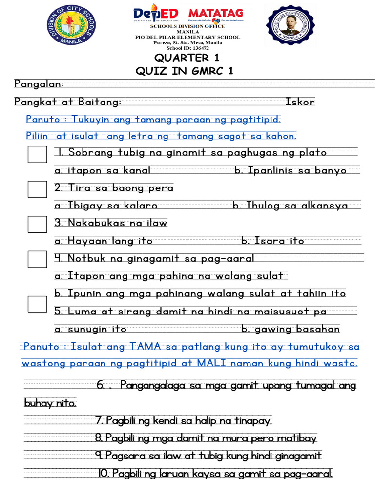 GMRC Pagtitipid o Pagiimpok Quiz 20 PTS | PDF