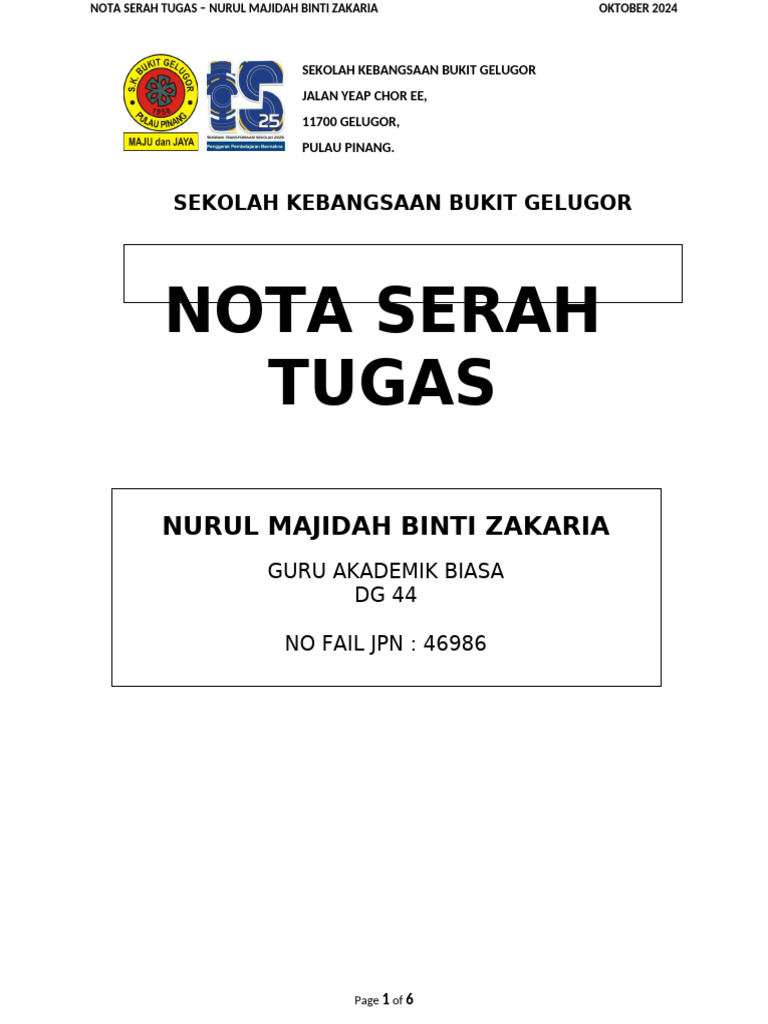 CONTOH FORMAT NOTA SERAH TUGAS Surat JPA Bertarikh 19 Julai 1985 | PDF