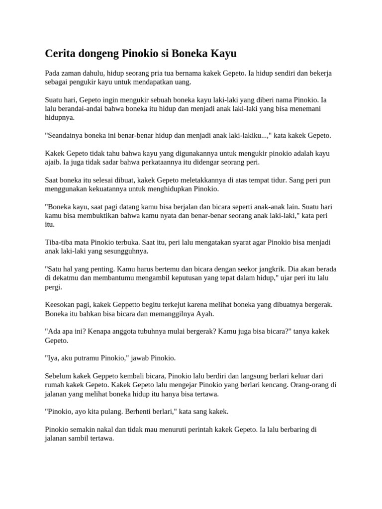 Cerita Dongeng Pinokio Si Boneka Kayu | PDF