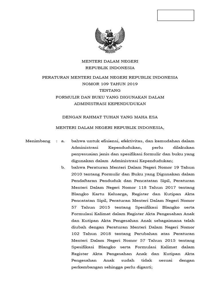 Permendagri No 109 TH 2019 + Lampiran Tentang Formulir Dan Buku Yang Digunakan Dalam ...