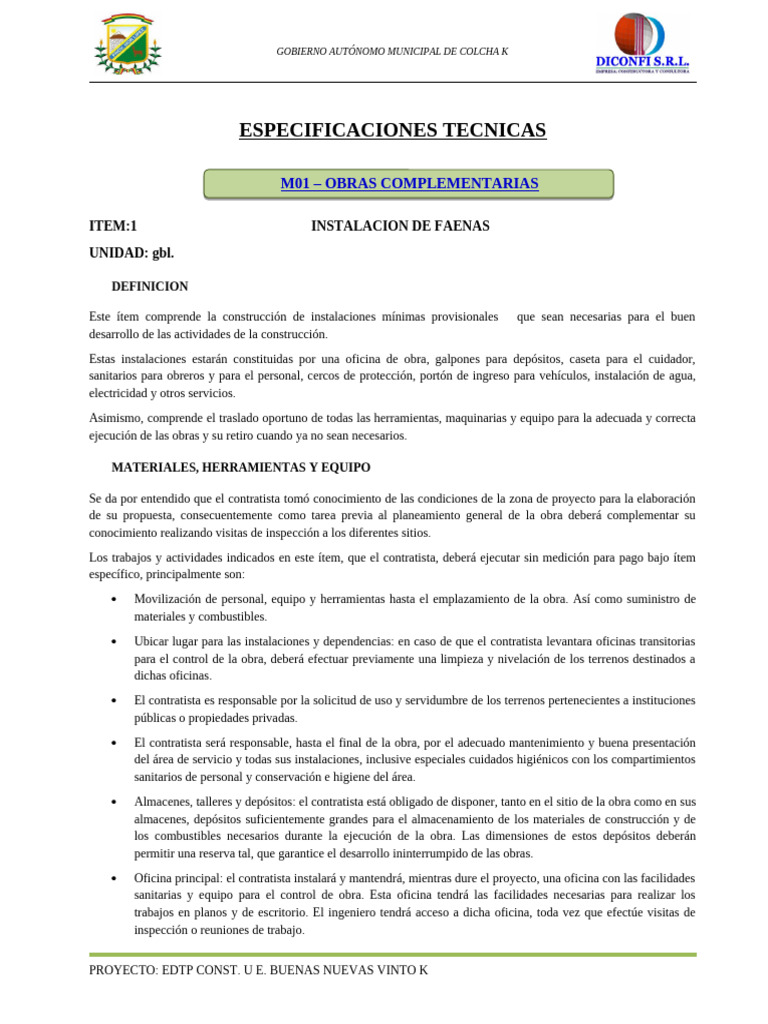 Especificaciones Tecnicas: M01 - Obras Complementarias | PDF