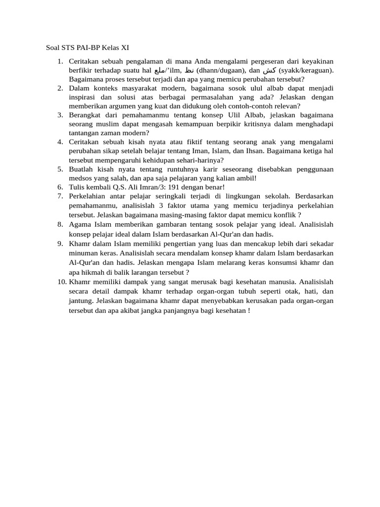 Soal STS PAI KELAS XI 2425 | PDF